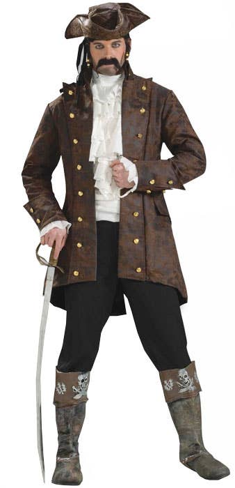 Long Brown Faux Suede Captain Jacket | Mens Pirate Buccaneer Costume
