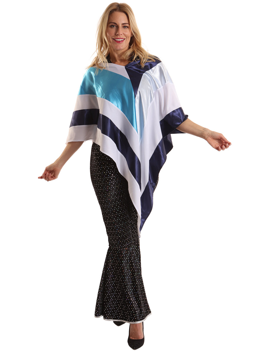 Womens Blue & White 70s Disco Poncho | Womens 70s Costume