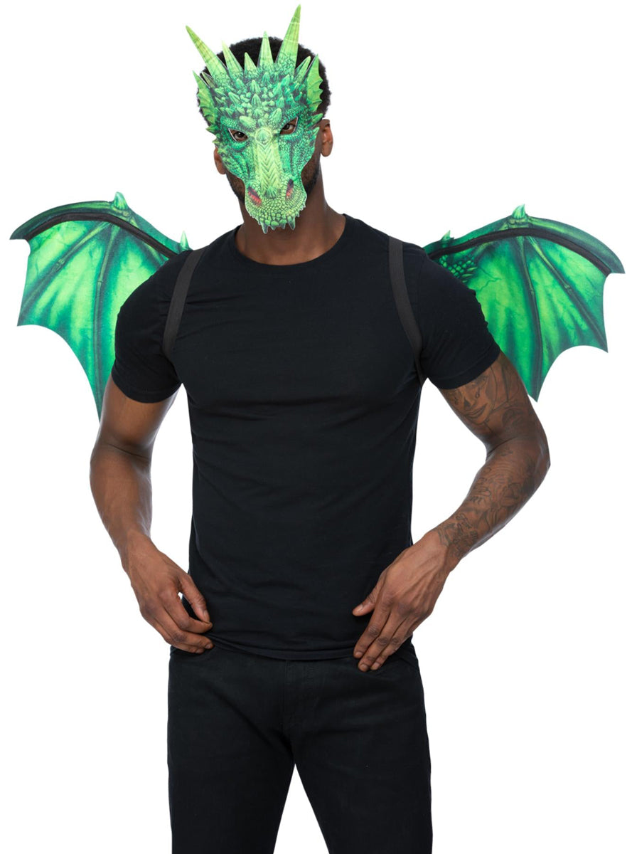 Adults Dragon Costume Set | Green Dragon Mask And Wings Kit