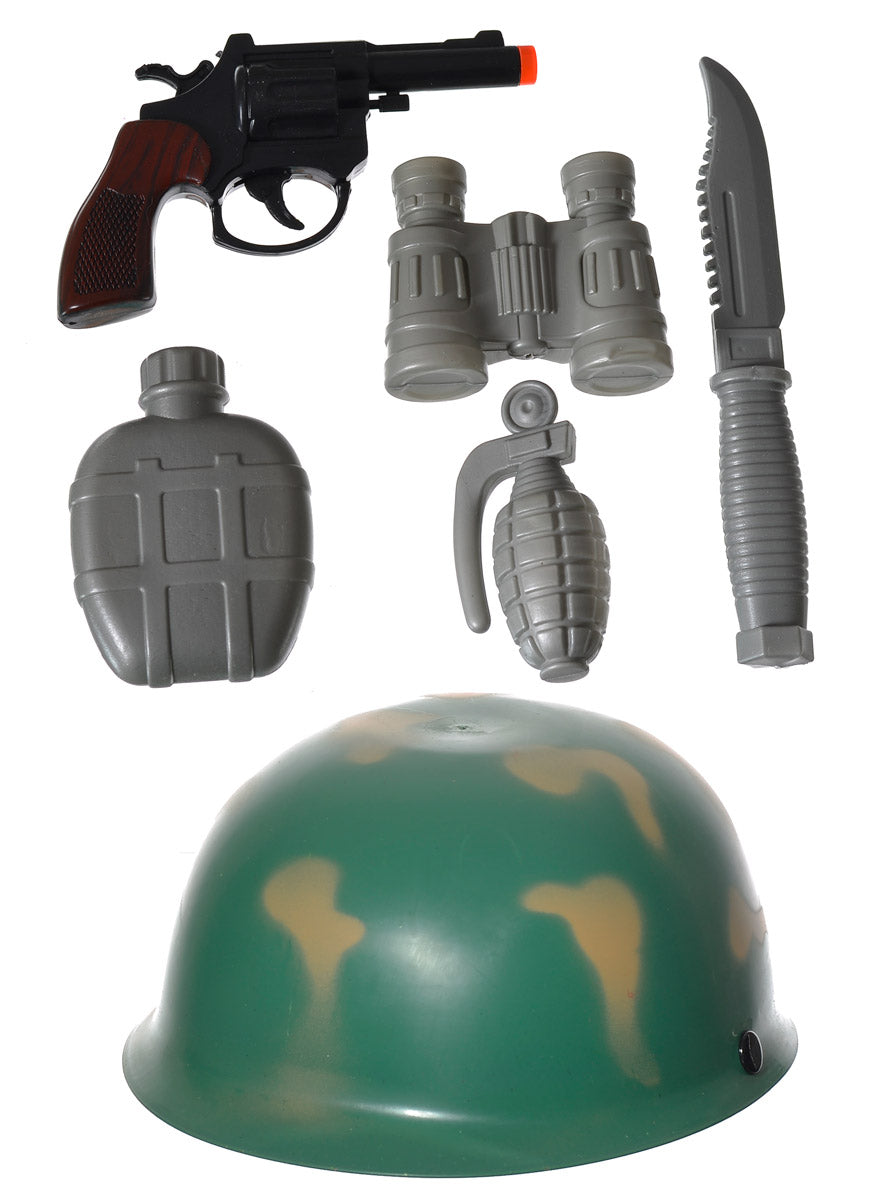 Kids Army Costume Accessory Set | Army helmet And Toy Weapons Kit