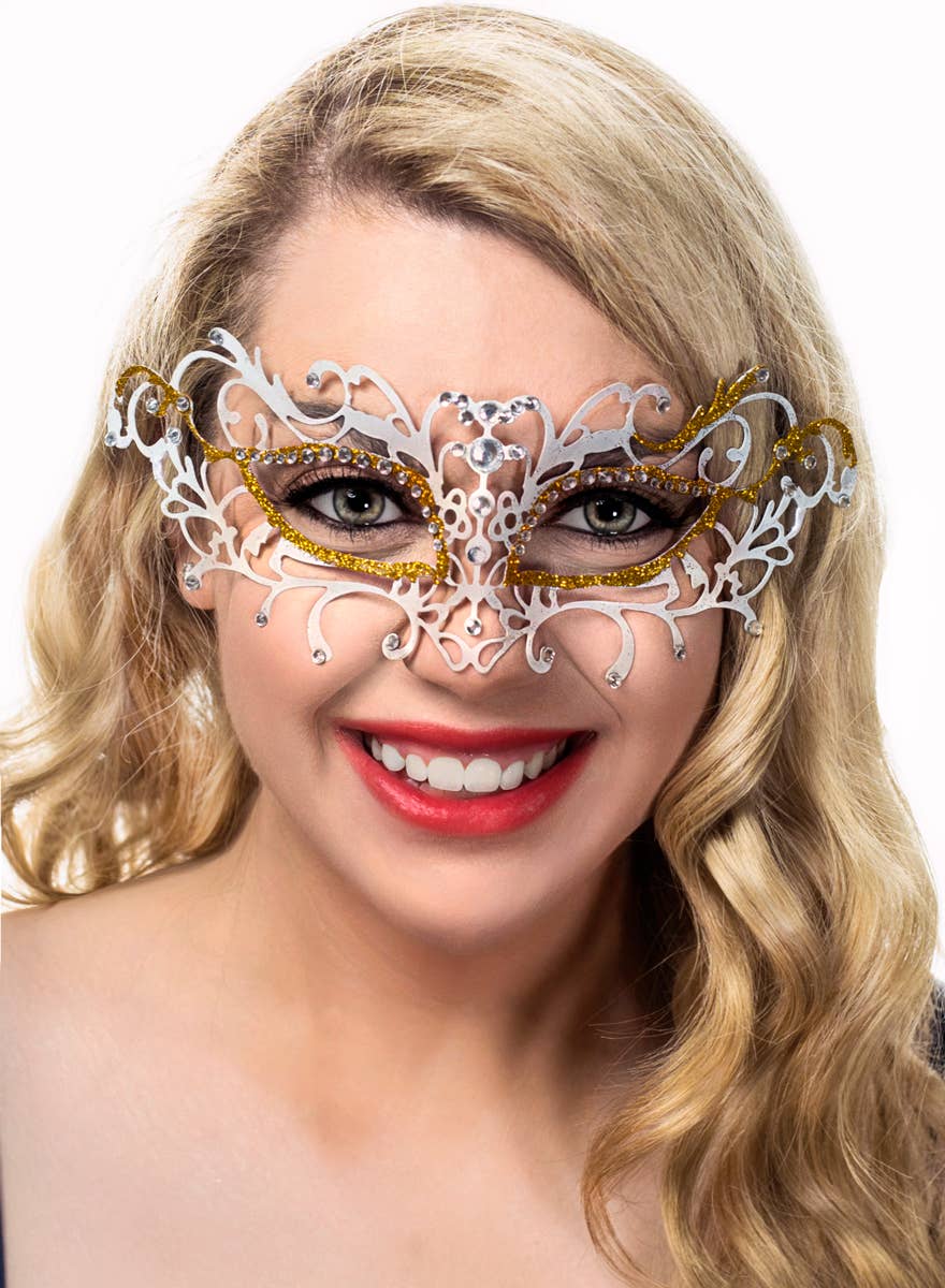 White and Gold Metal Masquerade Mask | Masquerade Mask for Women
