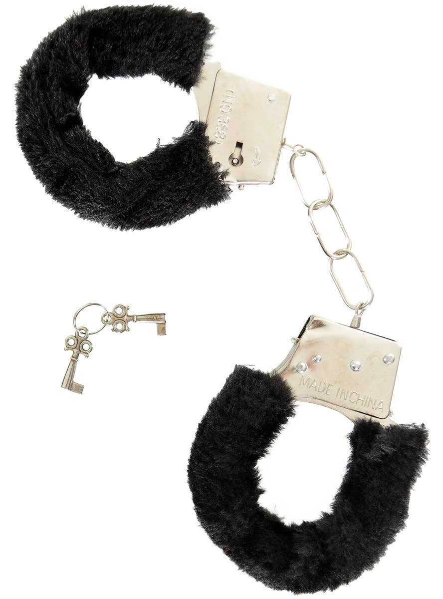 Black Furry Silver Metal Handcuffs with Keys