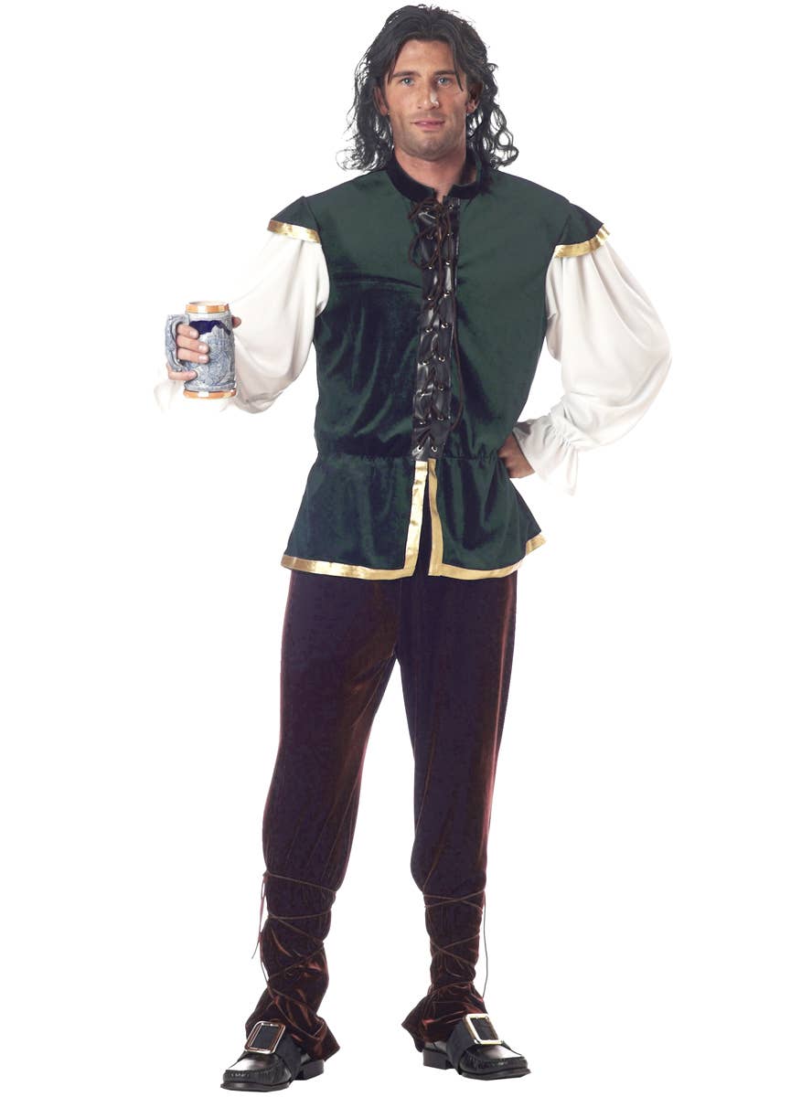 Green Velvet Tavern Barkeep Outfit | Mens Medieval Barkeep Costume