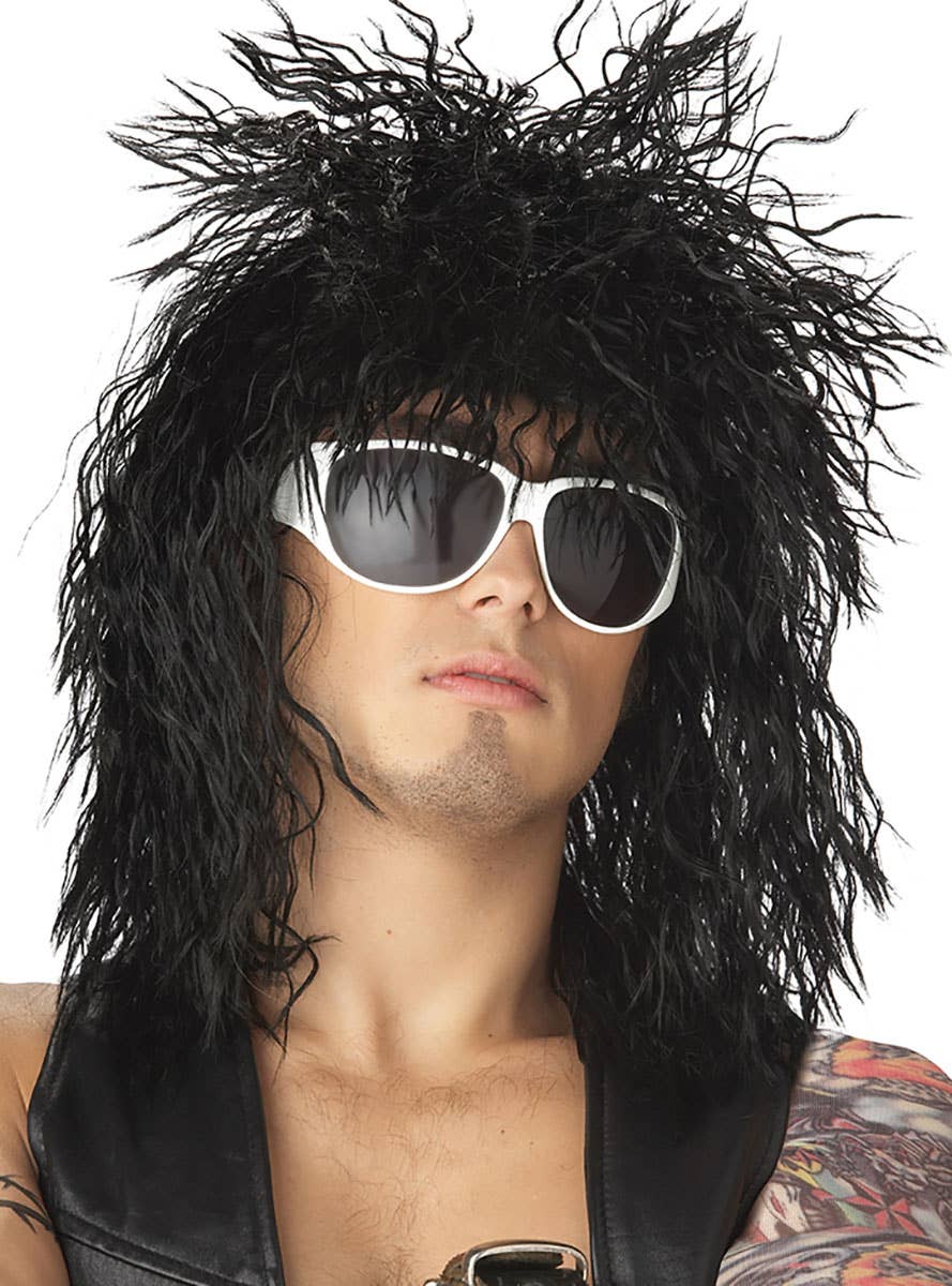 1980s Crimped Black Mullet Wig | Rockin' Dude Mullet Black Wig