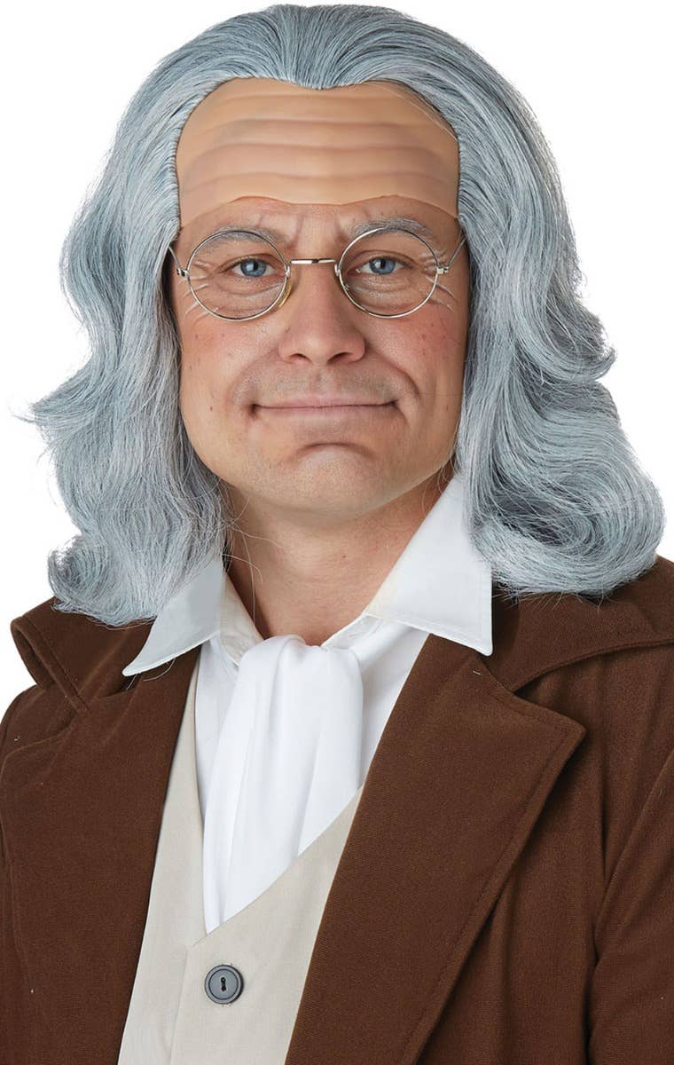 Ben Franklin Mens Costume Wig | Mens Mid Length Bald Cap Grey Wig