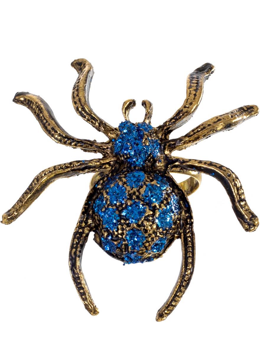 Gold Spider Ring with Blue Glitter | Spider Halloween Costume Ring