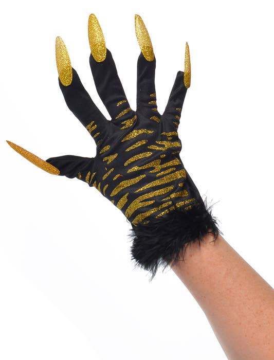 Tiger Print Gloves with Claws | Gold Glitter Tiger Costume Gloves