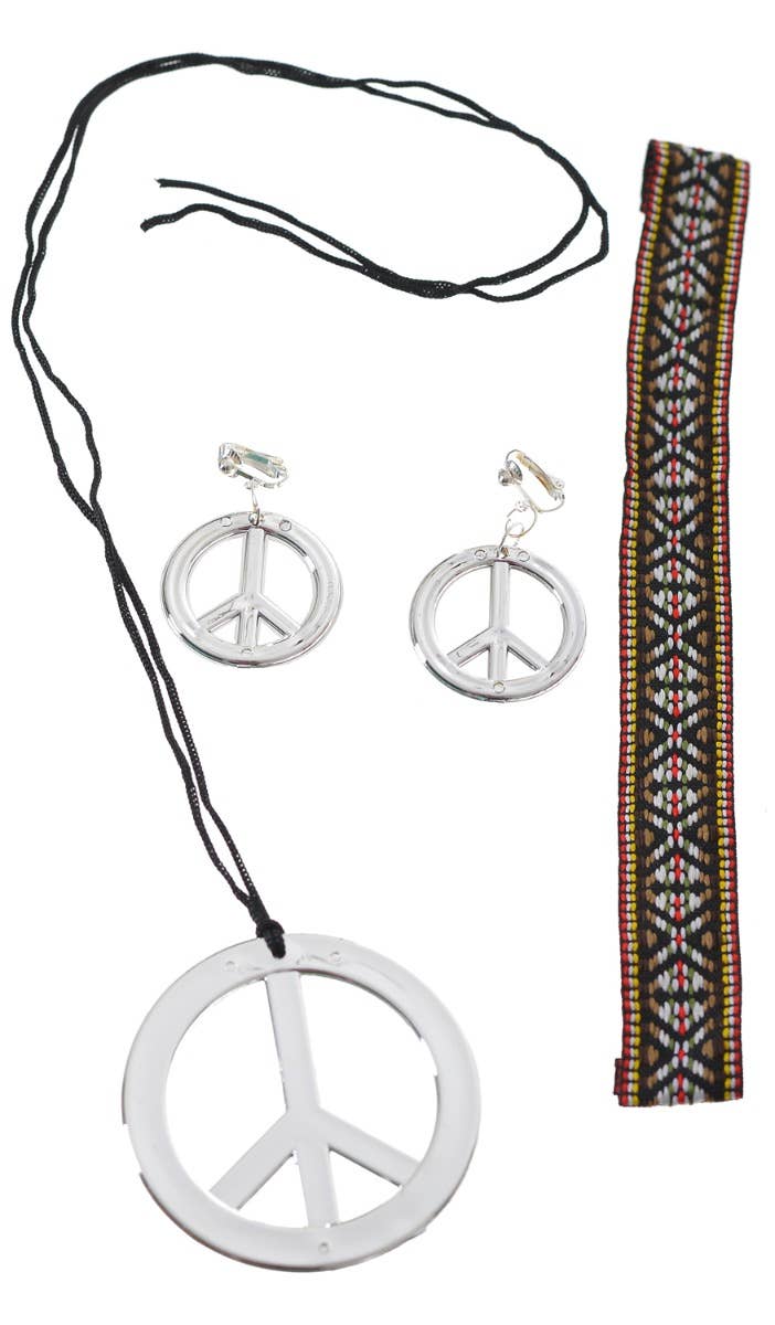 Silver Plastic Peace Sign Hippie Costume Accessory Kit