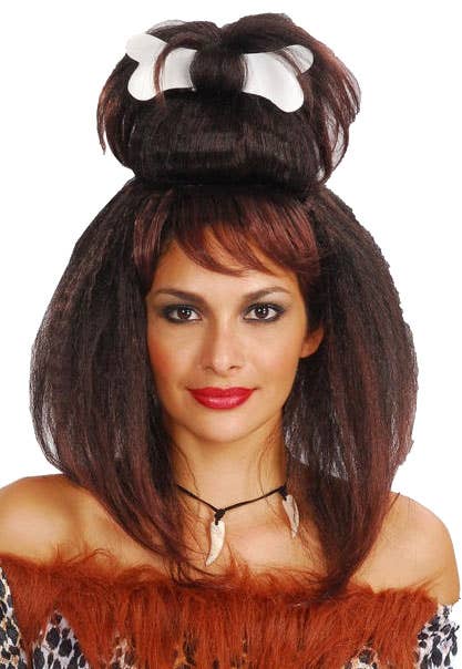 Cavewoman Brown Wig with Bone | Womens Cave Girl Costume Wig
