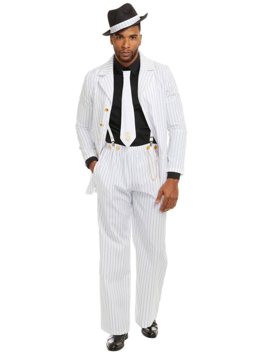 Mens White Zoot Suit Costume | White Pinstriped Gangster Mens Costume
