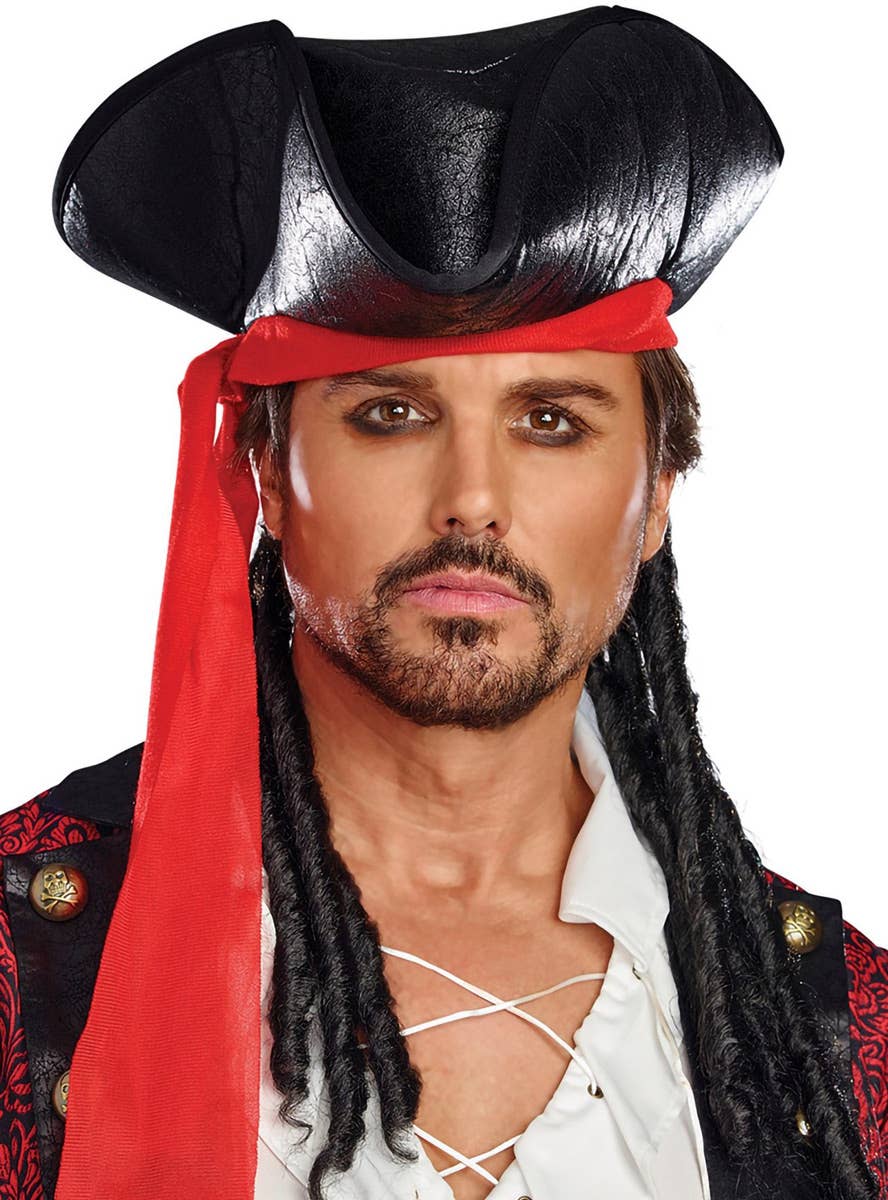 Mens Deluxe Black Pirate Costume Hat | Tricorn Hat with Dreadlocks