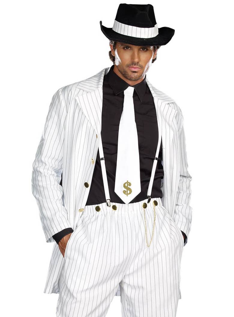 Mens White Zoot Suit Costume | White Pinstriped Gangster Mens Costume