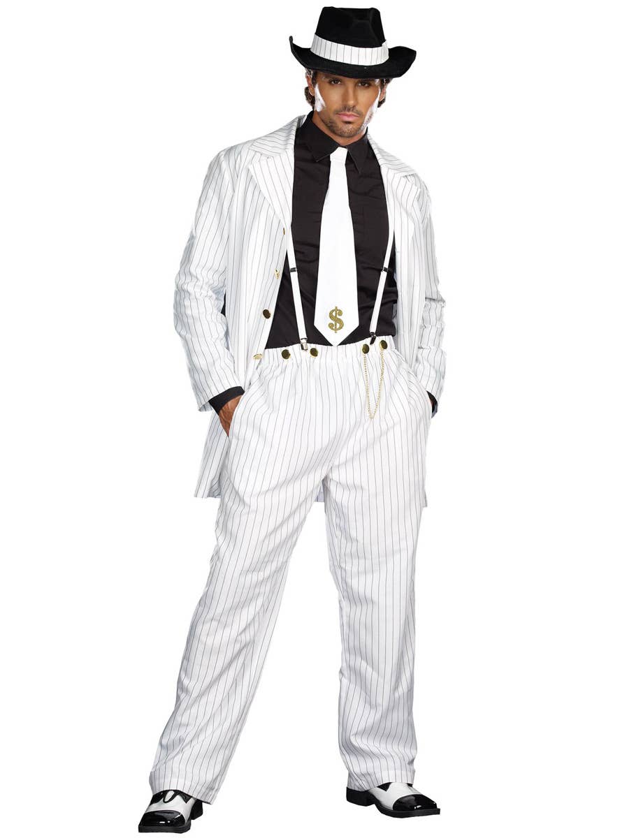 Mens White Zoot Suit Costume | White Pinstriped Gangster Mens Costume