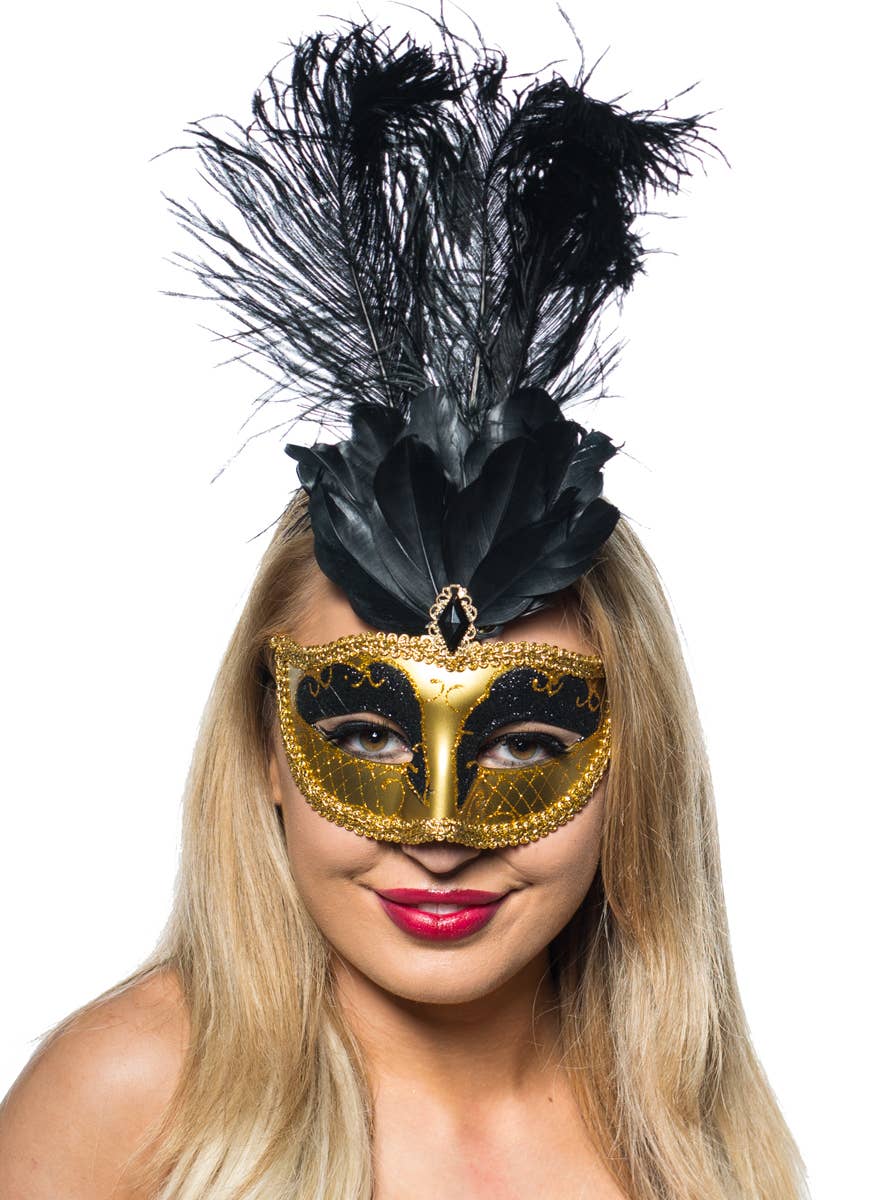 Black and Gold Venetian Feather Mask | Feather Masquerade Mask