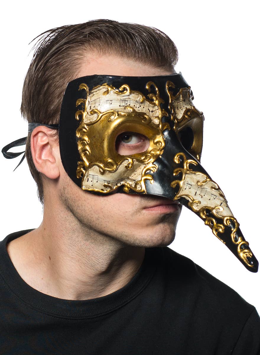 Long Nose Black and Gold Venetian Mask with Music Notes