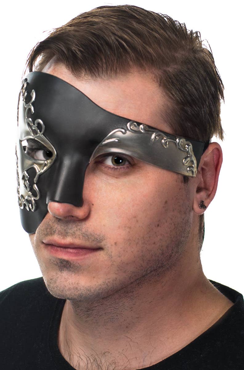 Over Eye Silver and Black Mens Mask | Venetian Black Masquerade Mask
