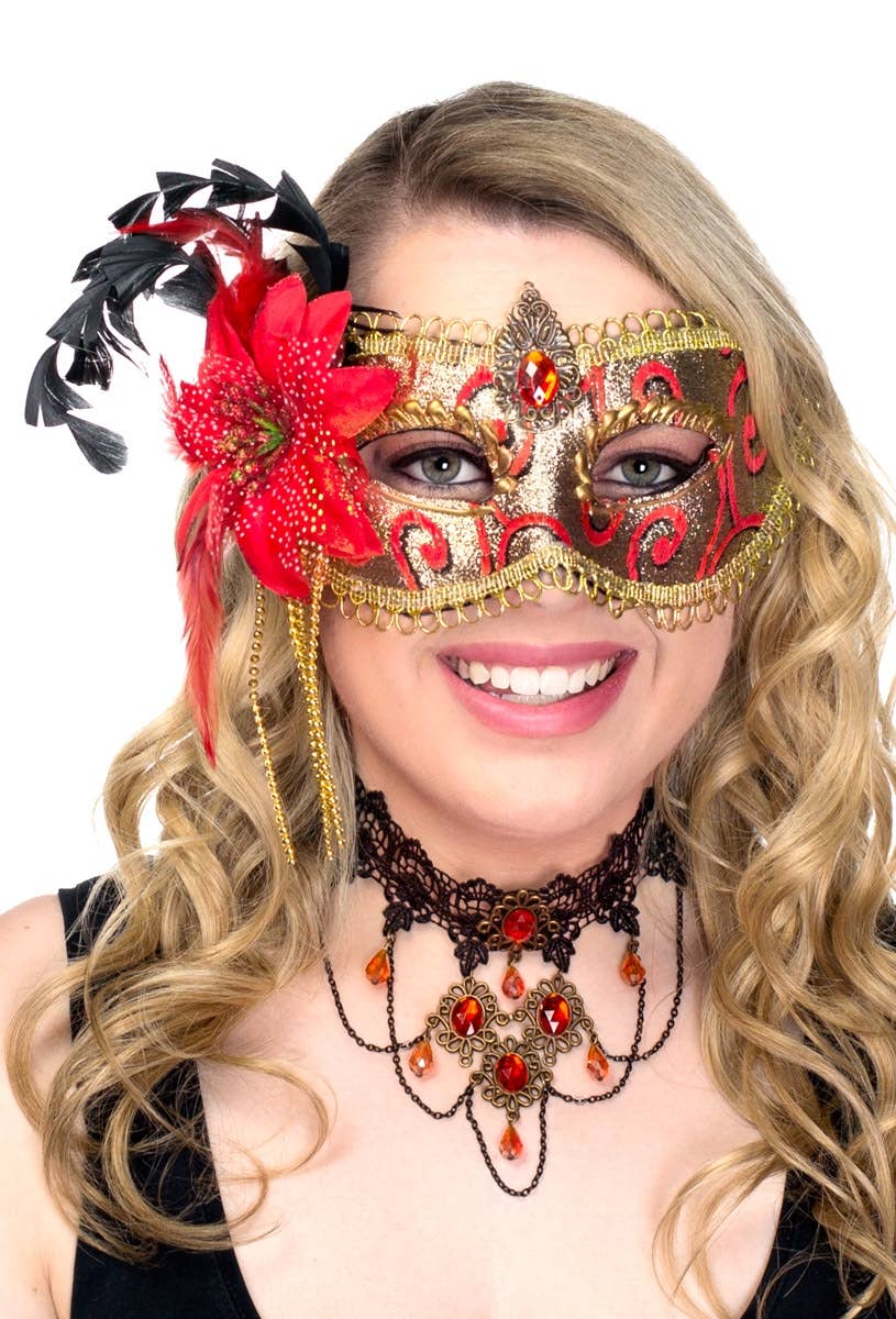 Side Feather Red and Gold Mask | Gold Brocade Masquerade Mask