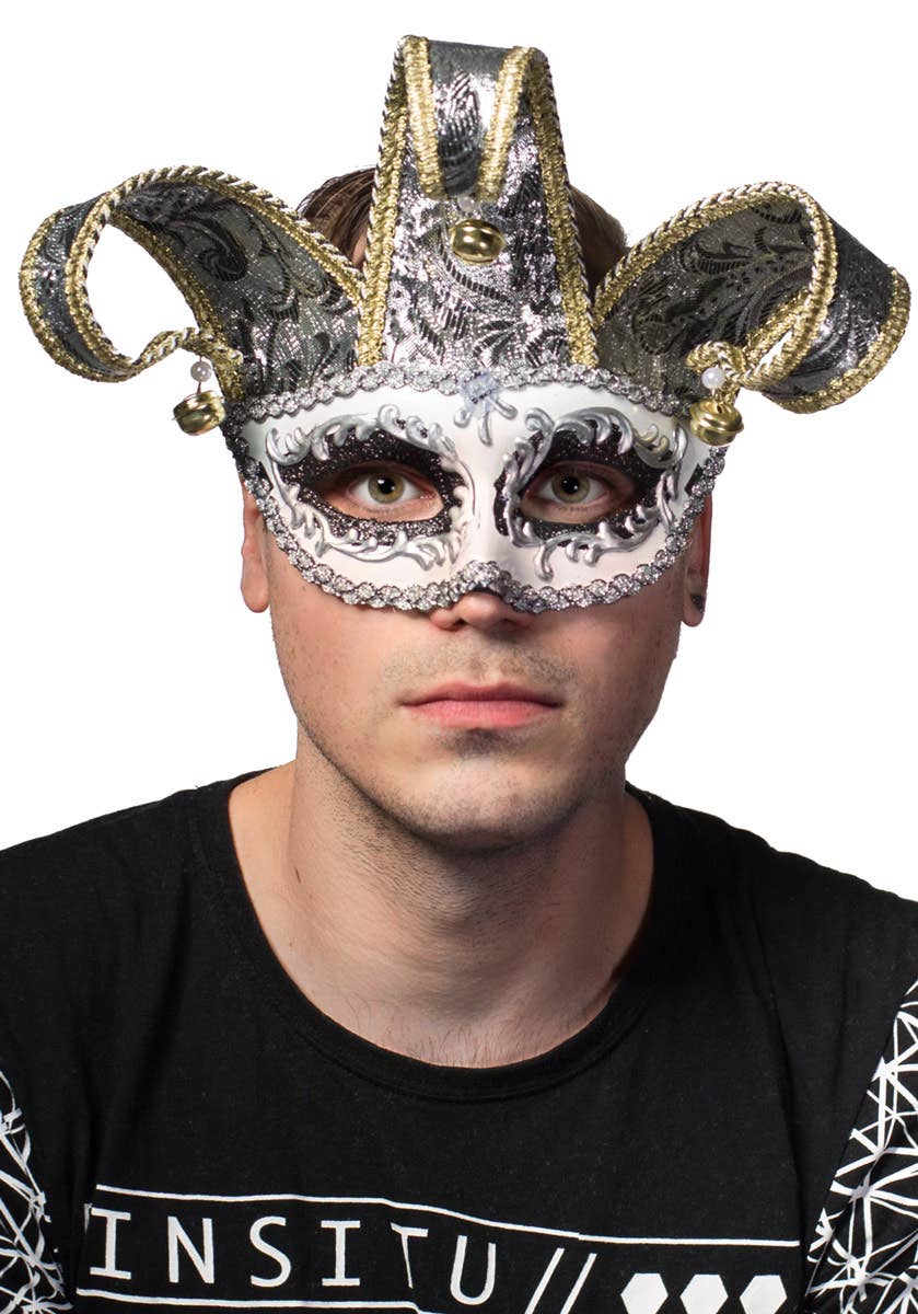 Silver and White Venetian Jester Mask | Jester Mens Masquerade Mask