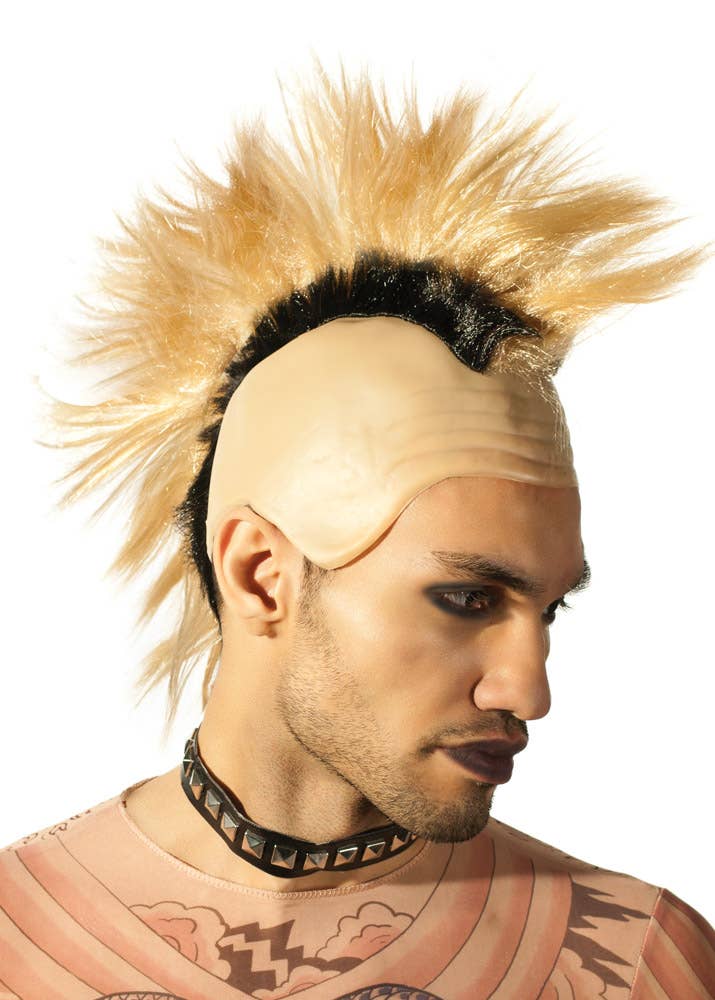 Mens Blonde Punk Mohawk Costume Wig with Bald Cap