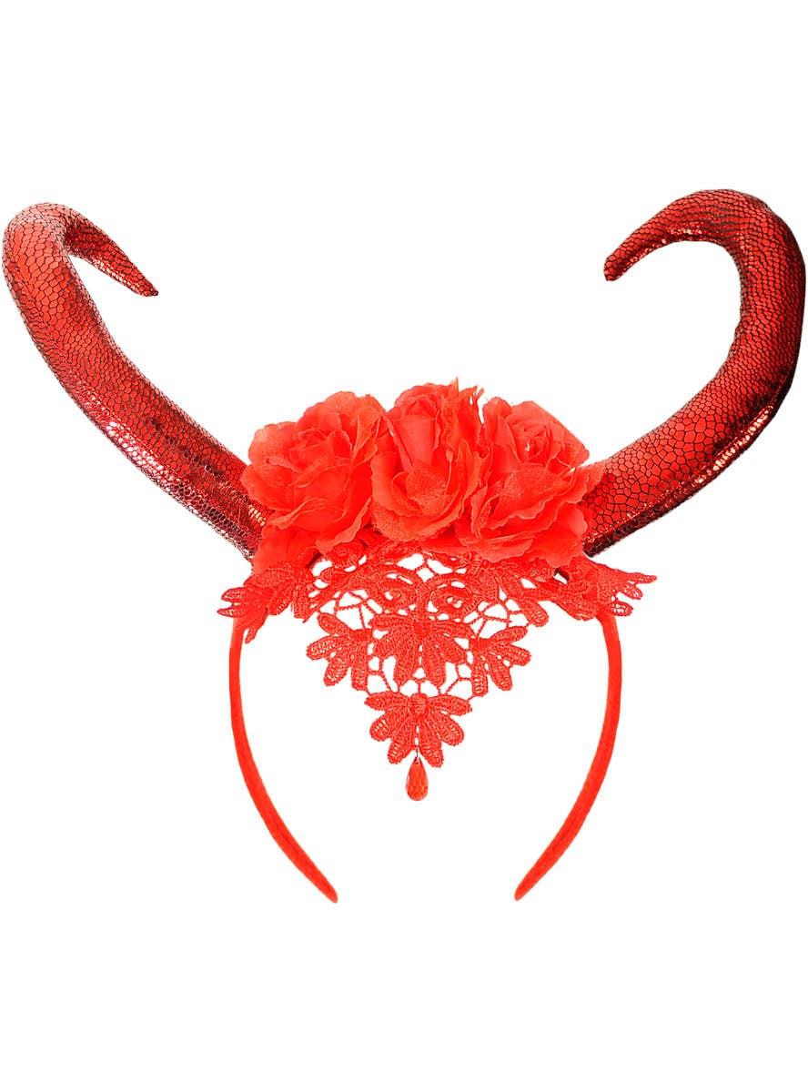 Lacy Red Devil Horns Headband With Flowers