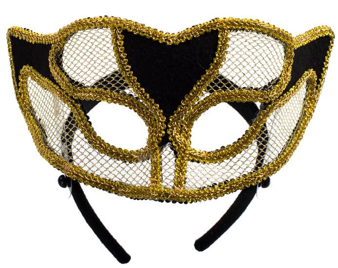 Netted Gold Masquerade Mask on a Headband | Gold Masquerade Masks