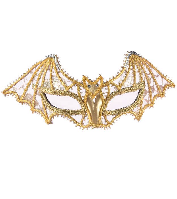 Gold Lace Bat Masquerade Mask | Gold Lace Masquerade Mask with Gems