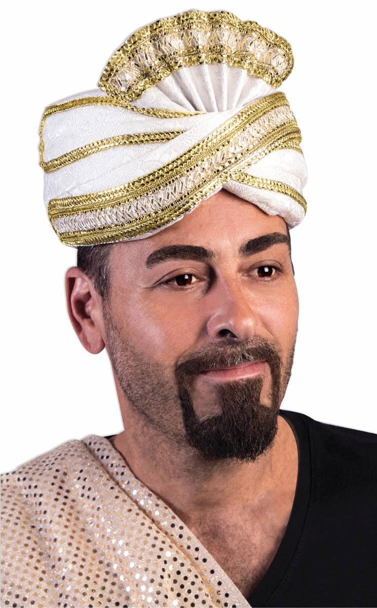 Mens Deluxe Sultan Turban | Gold and White Arabian Costume Hat