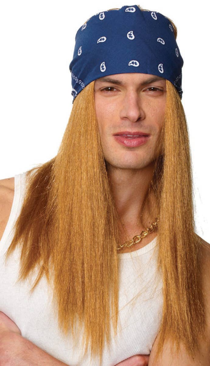 Mens Long Blonde Rocker Wig with Bandana | 1980s Axel Rose Wig