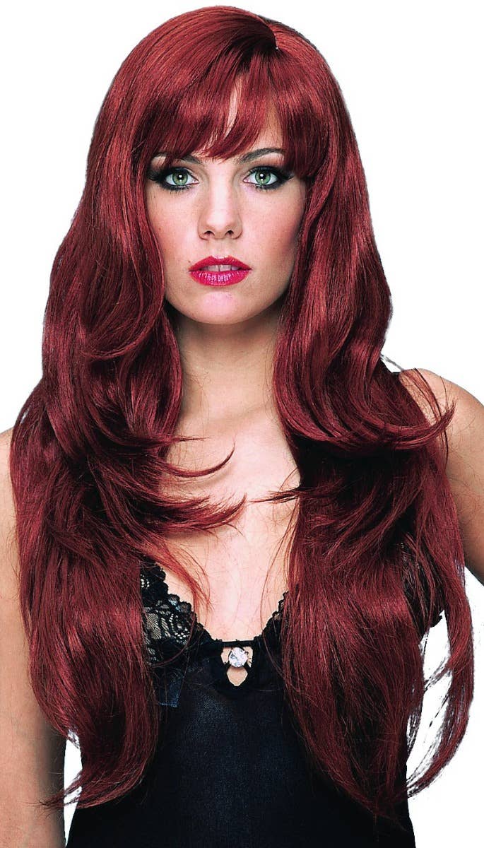 Womens Deluxe Long Red Wig Wavy Red Costume Wig With Fringe
