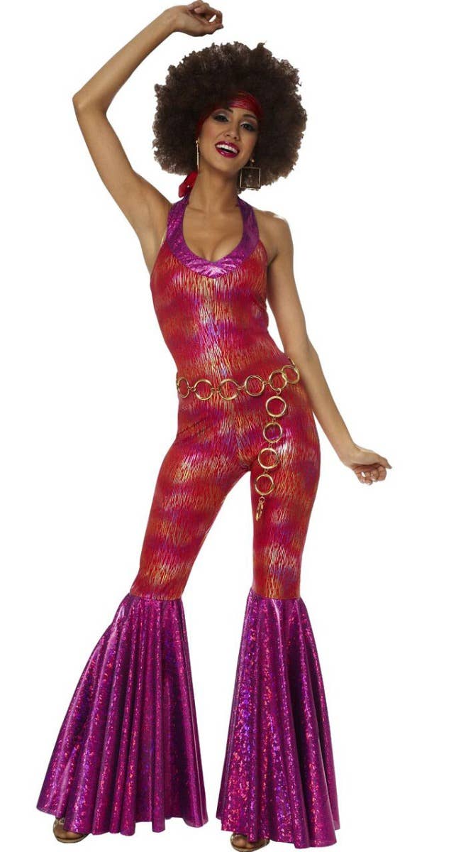 Flared Metallic Purple Disco Costume Jumpsuit | Womens 1970s Costume