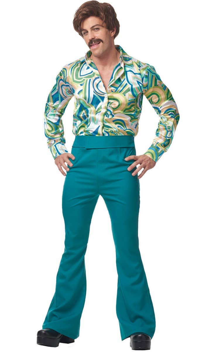 Green Satin Swirl Disco Costume | Retro Mens 1970s Dude Dress Up