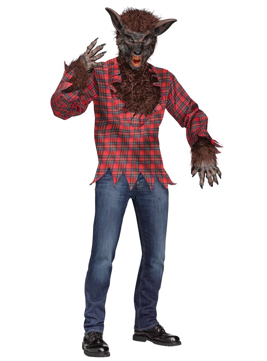 Red Plaid Hairy Werewolf Costume | Mens Halloween Wolf Dress Up