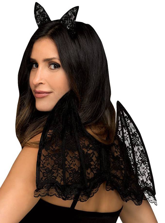 Black Lace Bat Wing And Ear Accessory Kit | Black Bat Costume Set