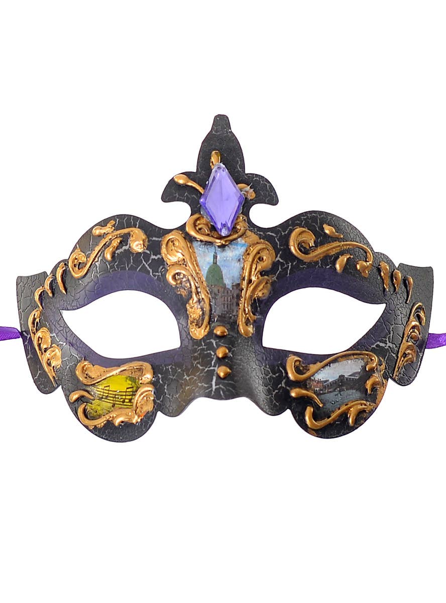 Purple Baroque Masquerade Mask | Jewelled Gold Crackle Face Mask