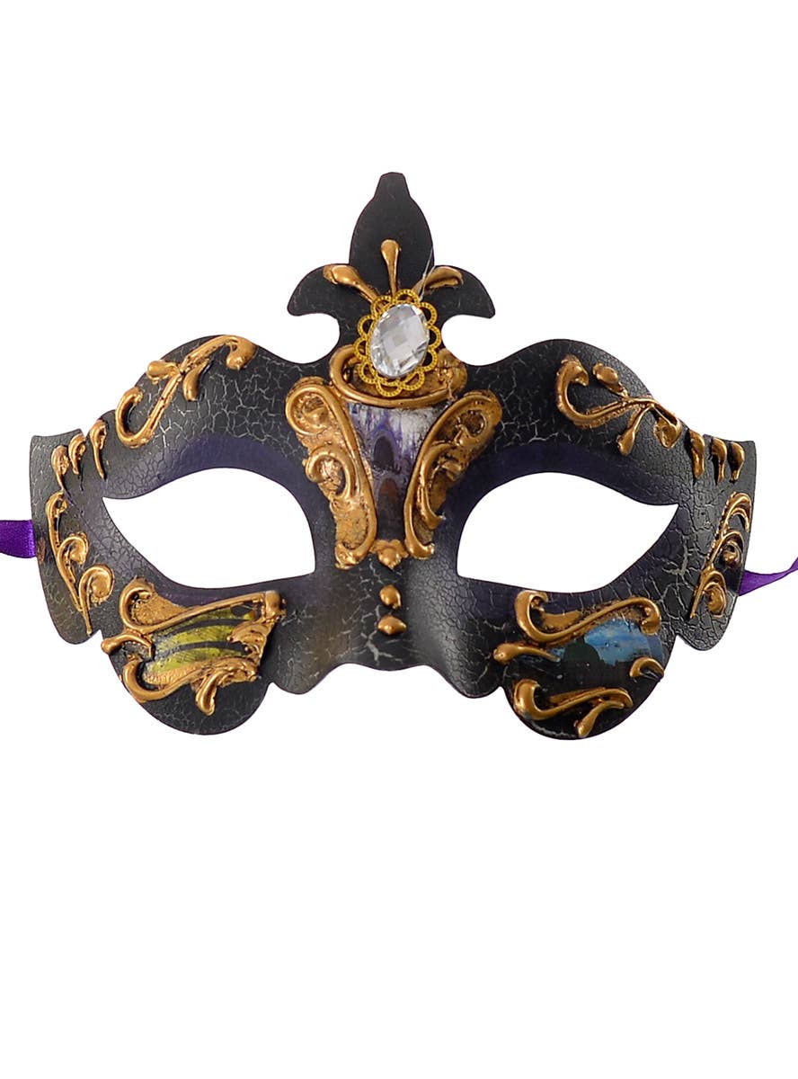 Gold Crackle Baroque Masquerade Mask | Jewelled Charcoal Face Mask