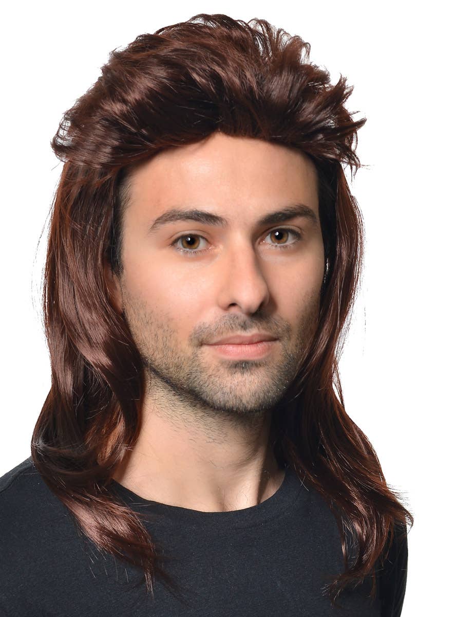 Dark Brown Mens Mullet Costume Wig | Mid Length Mullet Wig for Men