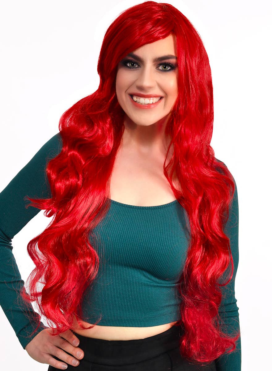 Bright Red Long Wavy Costume Wig | Womens Extra Long Red Costume Wig