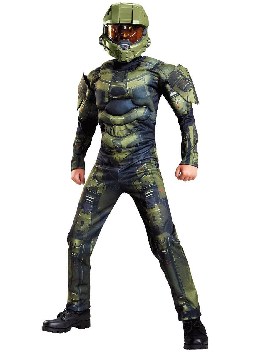 Green Master Chief Boys Costume | Halo Muscle Chest Costume for Kids