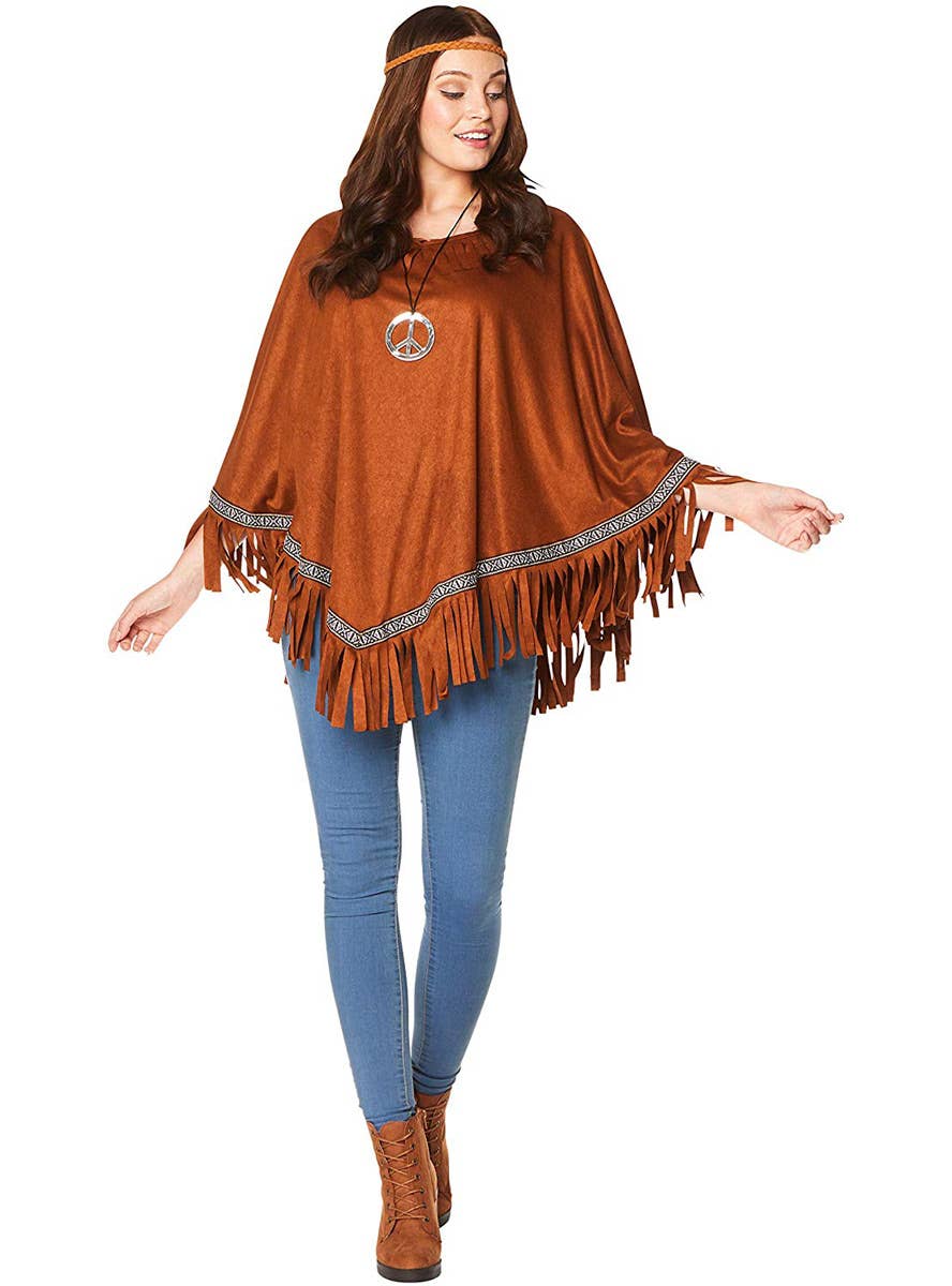 Womens Fringed Brown Indian Costume Poncho | American Indian Costume