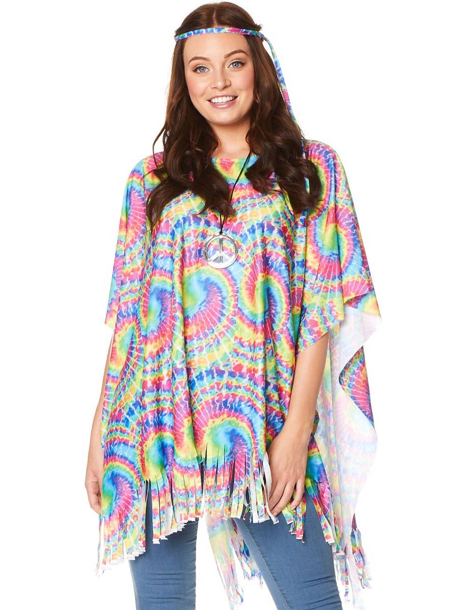 Womens Hippie Poncho Costume | Rainbow Tie-Dye 70s Hippie Costume