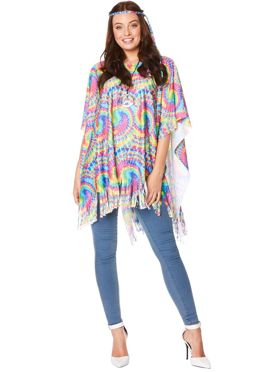 Womens Hippie Poncho Costume | Rainbow Tie-Dye 70s Hippie Costume