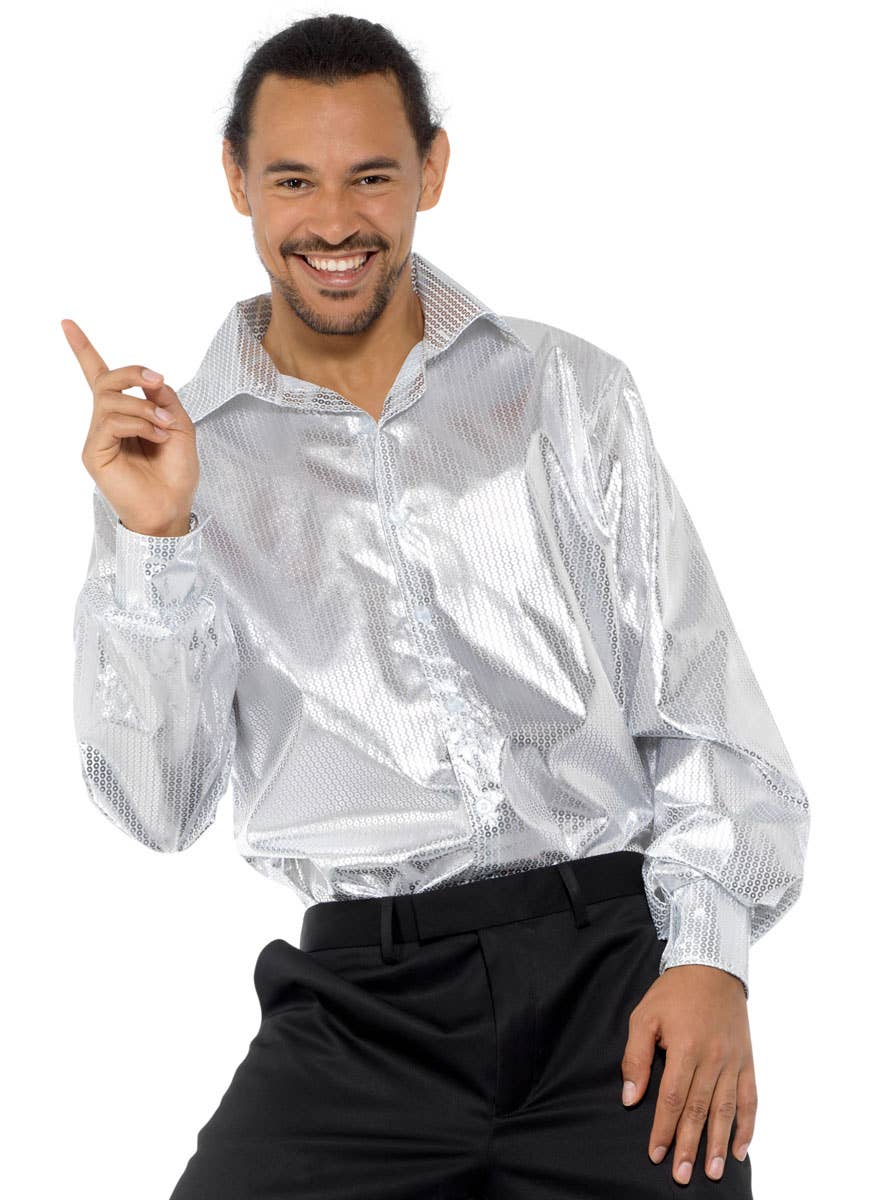 Metallic Silver Disco Dress Up Shirt | 70s Mens Disco Costume Top