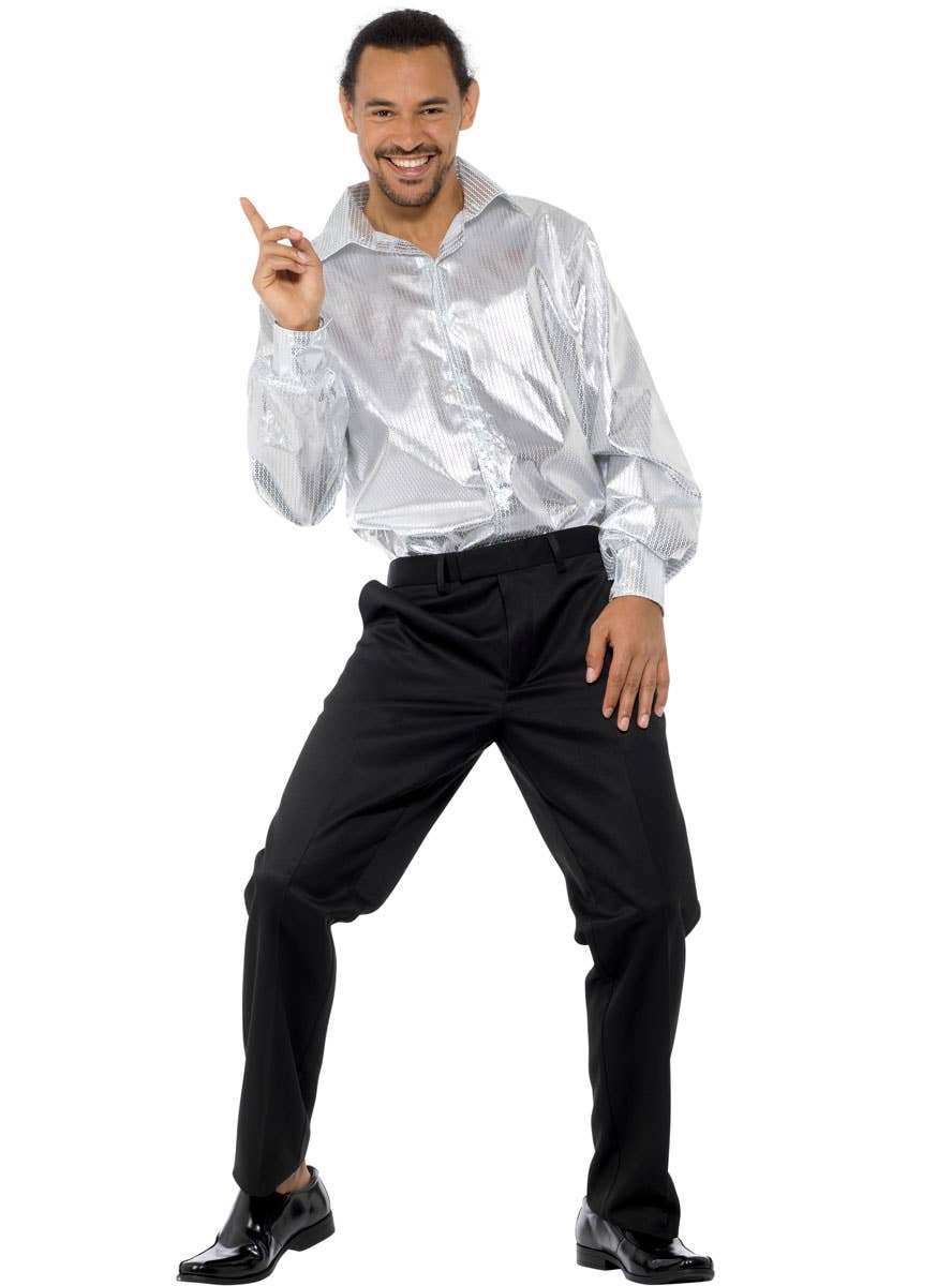 Metallic Silver Disco Dress Up Shirt | 70s Mens Disco Costume Top