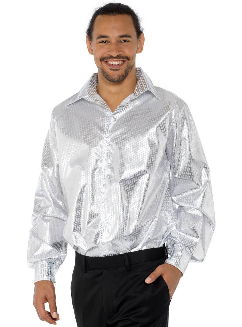 Metallic Silver Disco Dress Up Shirt | 70s Mens Disco Costume Top
