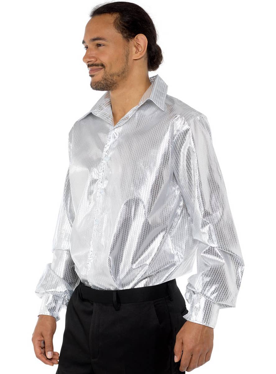 Metallic Silver Disco Dress Up Shirt | 70s Mens Disco Costume Top