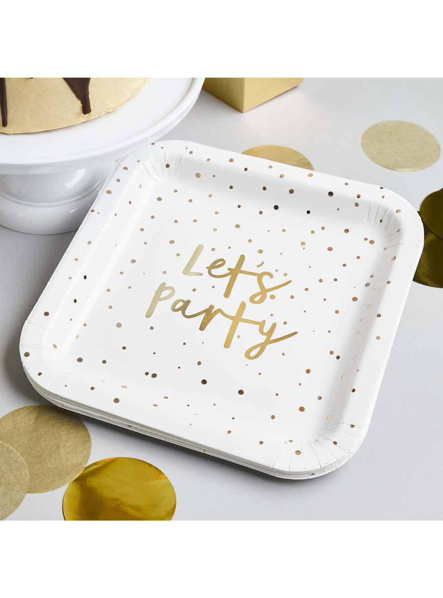 8 Pack Lets Party Square Gold Paper Plates | Party Supplies