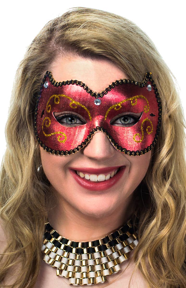 Womens Red and Gold Vinyl Masquerade Mask