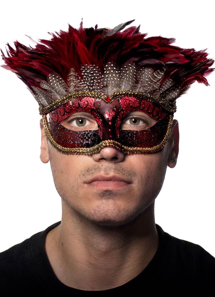 Red Feather Mens Masquerade Mask | Red Masquerade Mask for Men