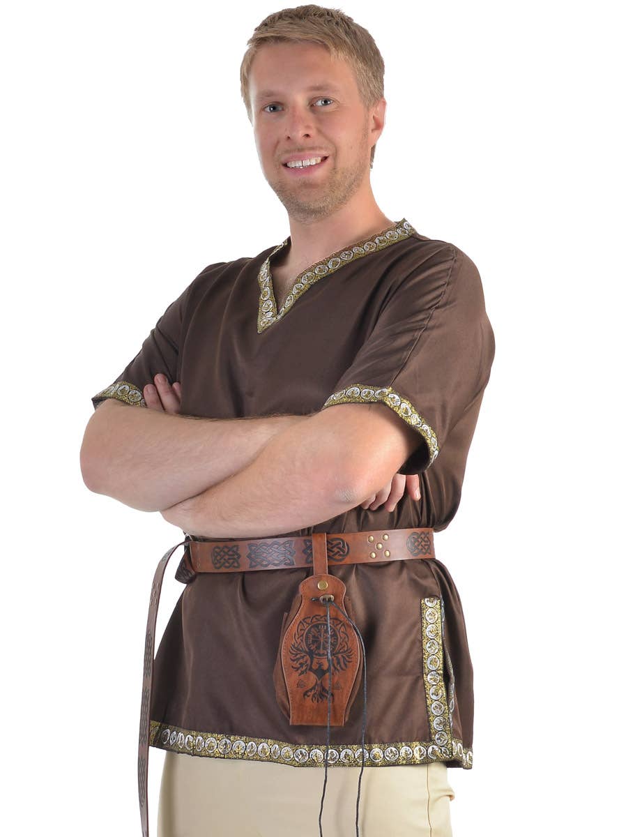 Mens Medieval Brown Costume Shirt with Trim