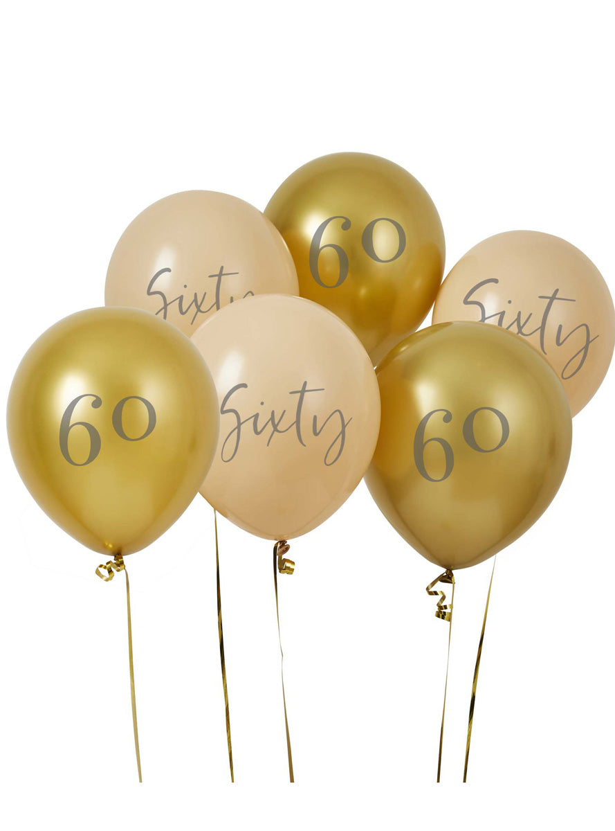 6 Pack Gold And Cream 60th Balloons | Birthday Balloons